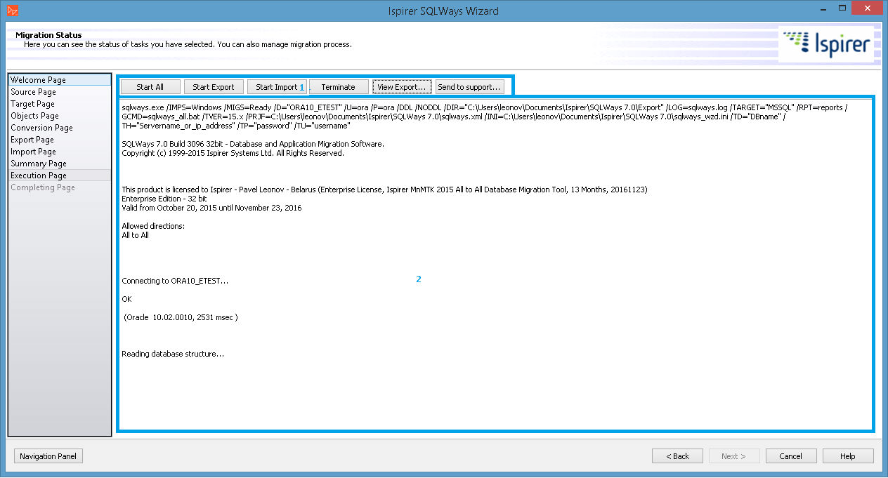 Ispirer SQLWays Wizard Execution Page